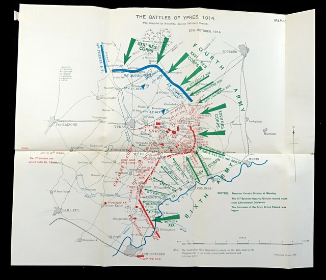 WW1 MAP BATTLE of Ypres German Positions Flanders British Cavalry ...