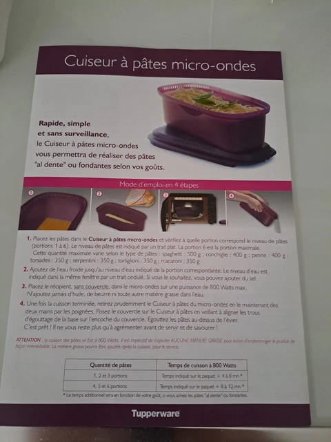 TUPPERWARE NEUVE FICHE Du Cuiseur A Pates Au Micro Ondes Collector EUR ...