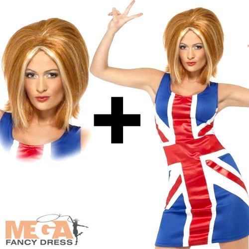 GINGER SPICE GIRL Costume + Wig Ladies Union Jack Fancy Dress 90s ...