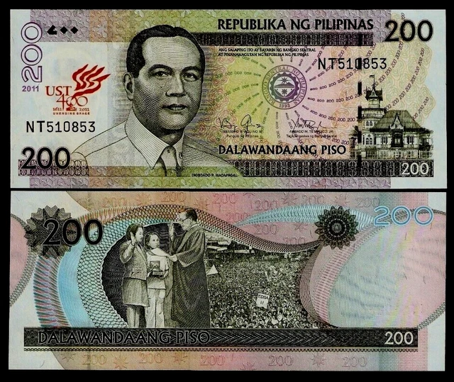 PHILIPPINES 200 PESOS P-214 1611-2011 UST 400th Commemorative UNC Torch ...
