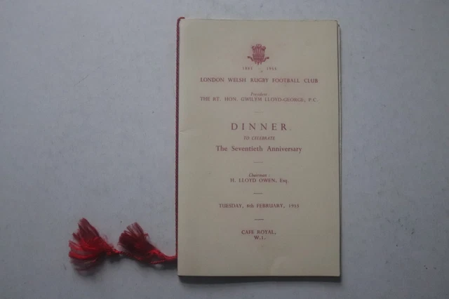 LONDON WELSH RUGBY Football Club Dinner Menu 1955 Seventieth ...