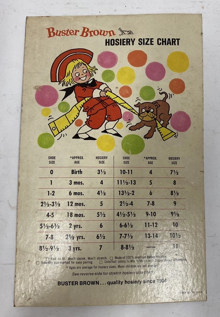VINTAGE BUSTER BROWN Hosiery Size Chart Store Display Cardboard ...