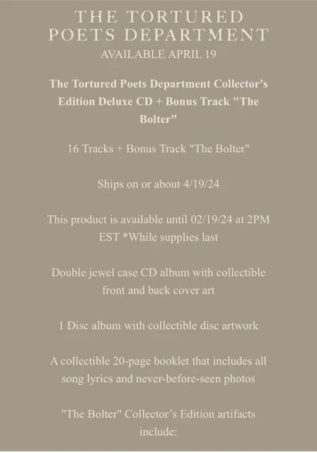 TS THE TORTURED Poets Department Collector's Edition Deluxe CD "Bolter ...