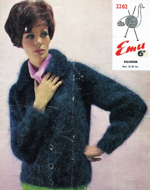 ~ VINTAGE 1960S Emu Knitting Pattern For Classic Collared Mohair ...