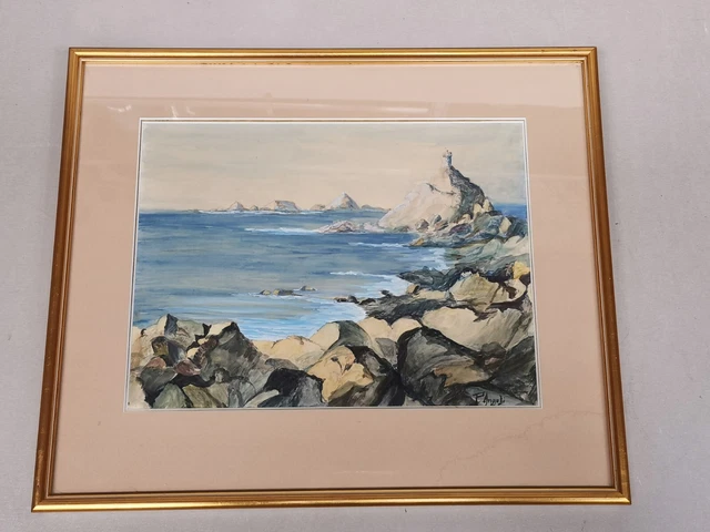 ANCIEN TABLEAU / Aquarelle signée ANGLE ou ANGELI ? Paysage marin , bord de mer EUR 19,00 ...