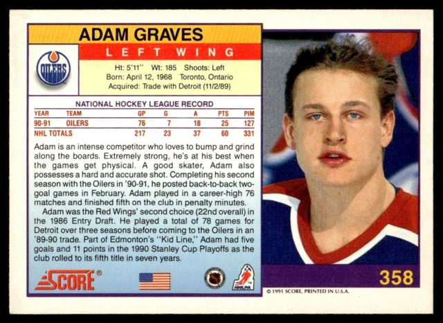 1991-92 SCORE AMÉRICAIN #358 Adam Graves Edmonton Oilers EUR 1,67 ...