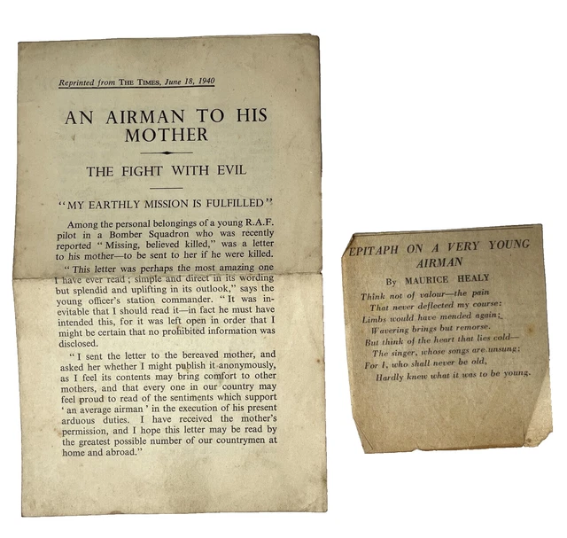 2 WW2 NEWSPAPER articles An Airman to His Mother + RAF poem by Maurice ...