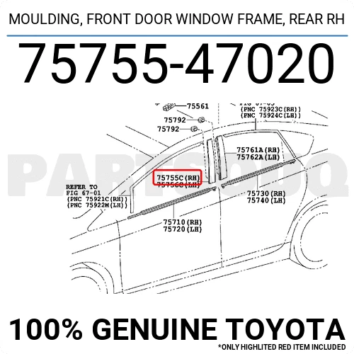 7575547020 GENUINE TOYOTA MOULDING, FRONT DOOR WINDOW FRAME, REAR RH ...
