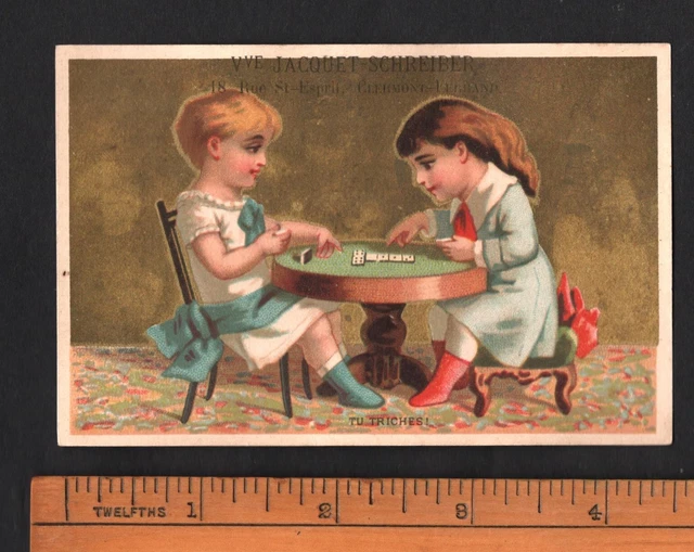 VICTORIAN CHILDREN PLAYING Dominoes Game Very Early Rare French Trade ...