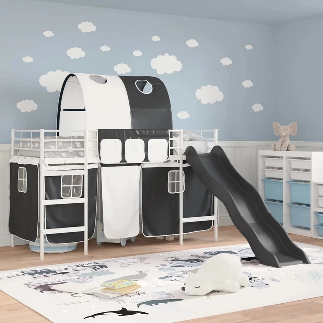 KIDS'LOFT BED FRAME with Curtains Arch Slide White and Black vidaXL £ ...