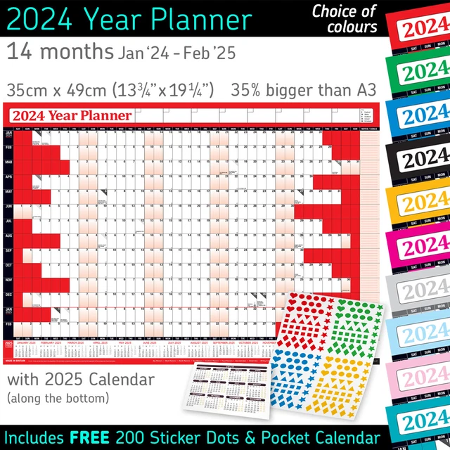 2024 YEARLY PLANNER Calendar Annual Wall Chart + 200 Sticker Dots ...