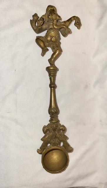 ANTIQUE TRADITIONAL INDIAN Brass Oil Spoon With Statue God Ganesha ...
