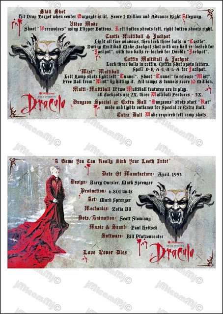 WILLIAMS BRAM STOKERS Dracula 1993 Cartes Instructions Flipper Custom ...