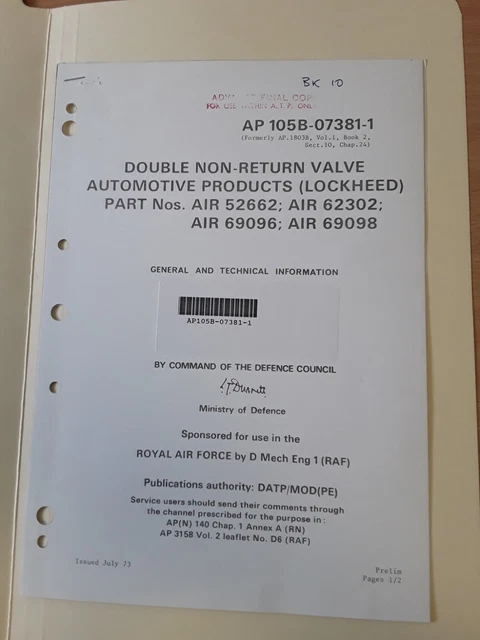 RAF AP 105B-07381-1 Automotive Products/Lockheed Double Non-Return ...