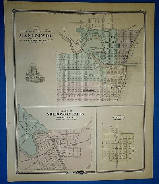 ANTIQUE 1878 MAP ~ CALUMET Co. - MANITOWOC, WISCONSIN ~ Old Authentic ...