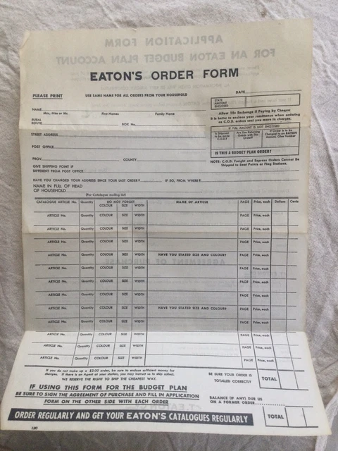 EATON'S ORDER FORM and Budget Plan Account form on Reverse side - both ...
