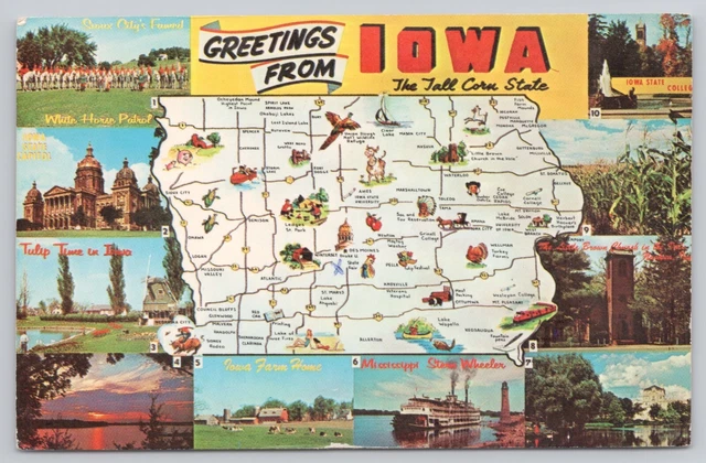 IOWA STATE PICTORAL Map, Greetings Landmarks & Attractions, Vintage ...