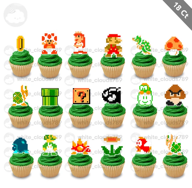 16 SUPER MARIO Bros Cupcake Topper 8-Bit Food Pick Favor Party Birthday ...