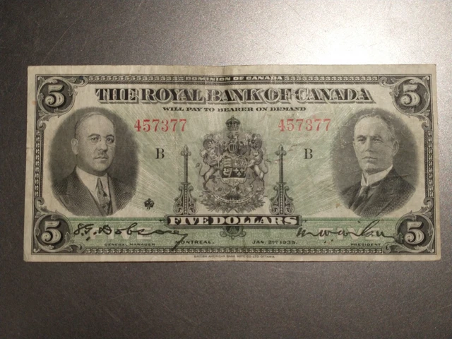 ROYAL BANK OF Canada 5 Dollars 1935 RBC Old Vintage Canadian Banknote ...