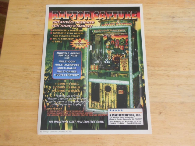 NEW OLD STOCK vintage RAPTOR CAPTURE 5 star redemption ARCADE GAME ...