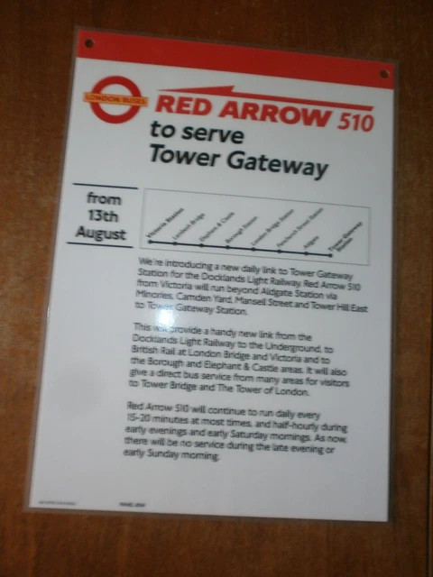 LONDON TRANSPORT BUS Stop Laminated Timetable Poster-Red Arrow Route ...
