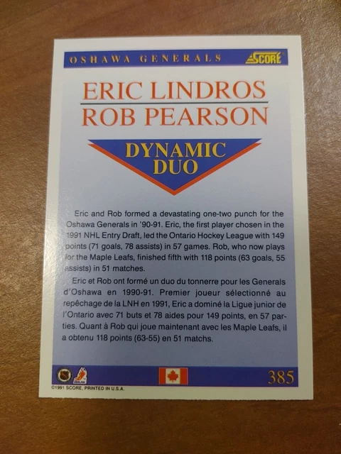 1991-92 SCORE CANADIAN hockey Eric Lindros/rob Pearson DYNAMIC DUO #385 ...