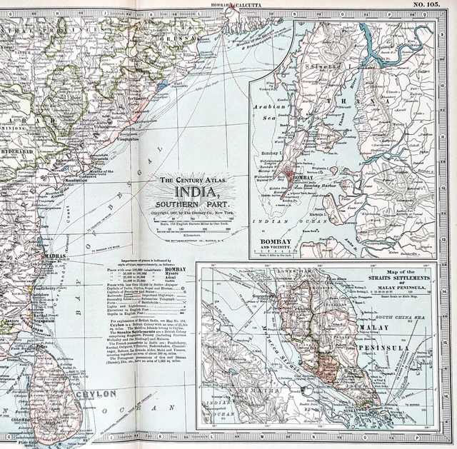 1897 SOUTHERN INDIA Map ORIGINAL Sri Lanka Ceylon RAILROADS STEAMSHIPS ...