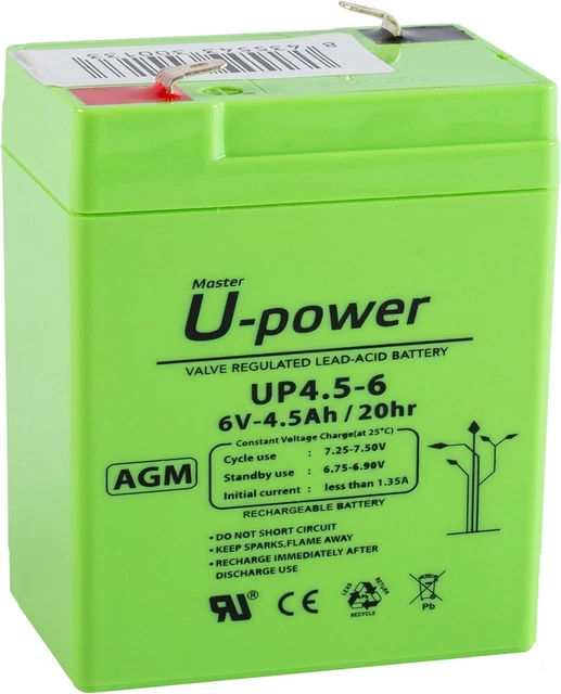 U-POWER - BATERÍA Piombo AGM Sigillata 4.5Ah 6V - Faston F1 4.8Mm EUR ...
