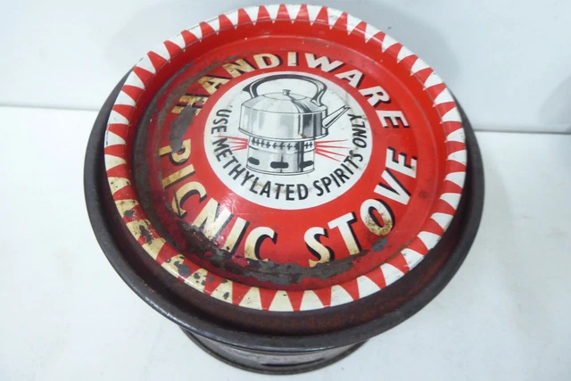 VINTAGE HANDIWARE PICNIC Stove Metho Burner Advertising Sign Lid Kettle ...
