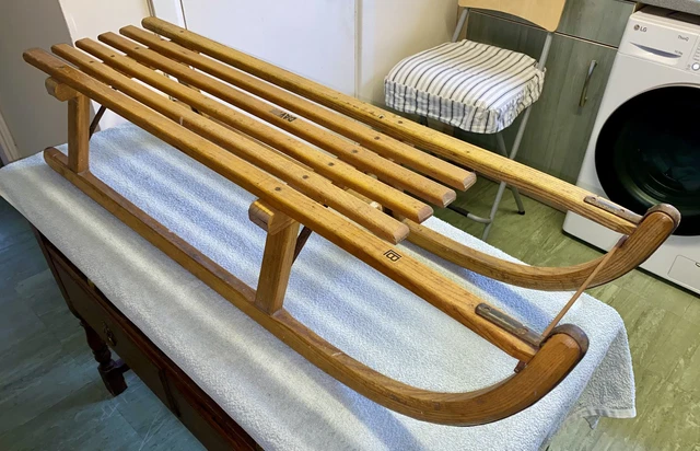 VINTAGE AUSTRIAN TRADITIONAL Wooden Davos Sledge (Toboggan) With Steel ...