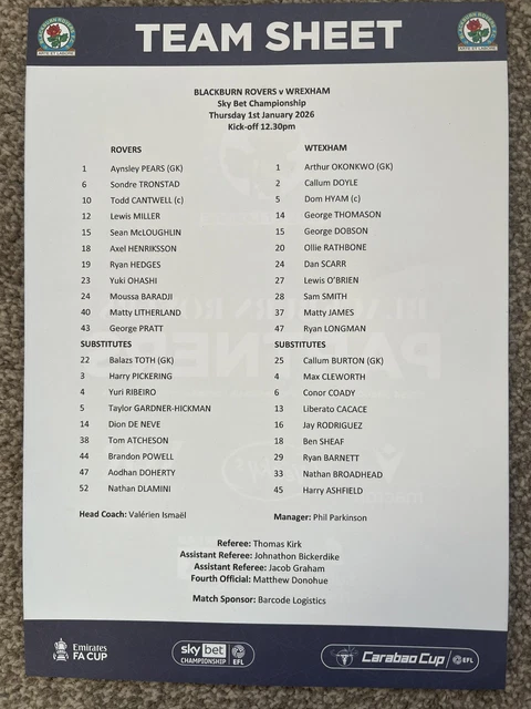 BLACKBURN V WREXHAM Championship 2025-26 Teamsheet Only £2.95 - PicClick UK