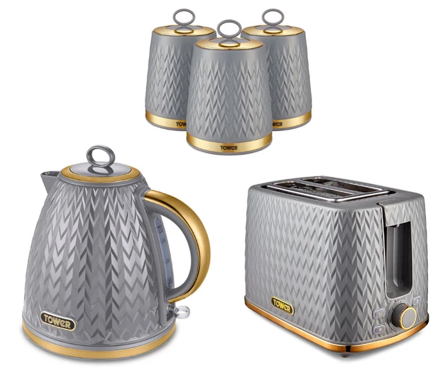 TOWER EMPIRE GREY Pyramid Kettle 2 Slice Toaster & 3 Canisters Matching ...