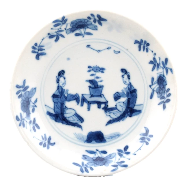 CHINESE KANGXI MARKS Porcelain Saucer Blue Lady Romance Western Qing ...