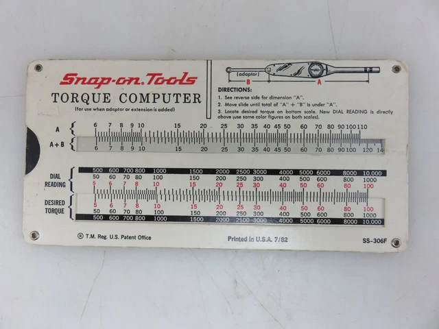 SNAP-ON TOOLS TORQUE Computer Slide Chart For Torque Wrench Adapter or ...