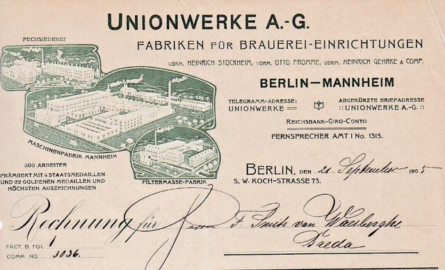 UNIONWERKE AG BERLIN - Mannheim hist Rechnung 1905 Brauerei Einrichtung ...