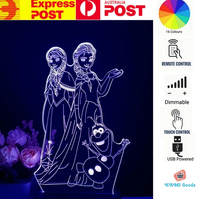 FROZEN ELSA, ANNA AND OLAF 3D Visual LED 16 Colour Night Light Lamp ...