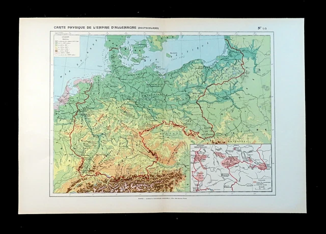 GERMANY MAP GERMAN Empire Physical Geography Prussia FRENCH Antique ...