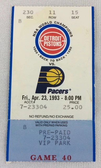 NBA 1993 04/23 Indiana Pacers at Detroit Pistons Ticket Stub EUR 8,78 ...