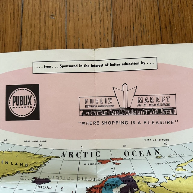 1968 PUBLIX SUPER Markets Paper World Map Vintage Florida Ad Brochure ...