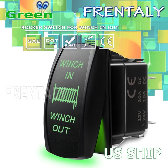MOMENTARY LASER ROCKER Switch Green LED Light 7pin BLUE WINCH IN/OUT ...