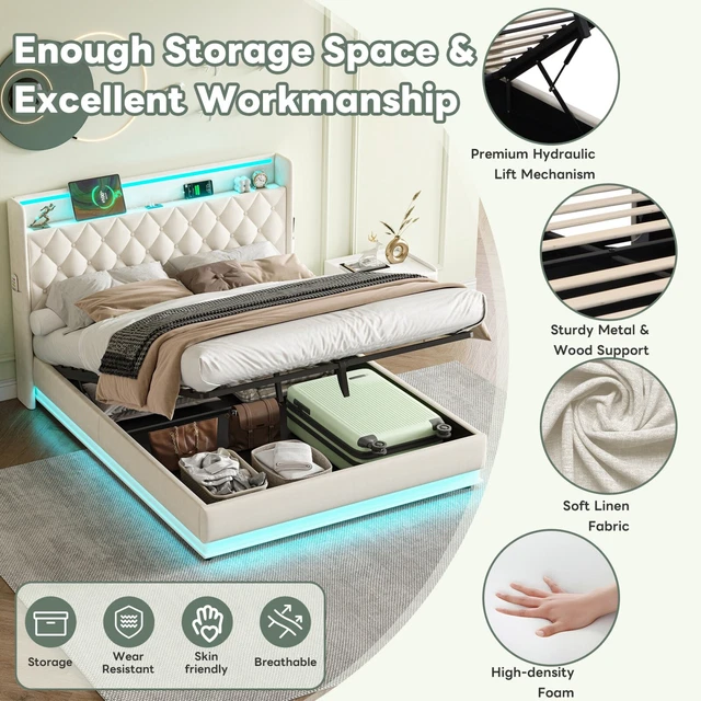 5FT UPHOLSTERED OTTOMAN Bed with Storage, Headboard with LED Lights and ...