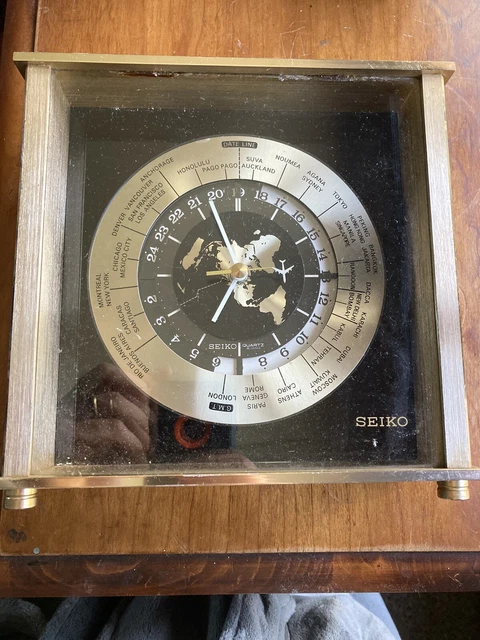 VTG SEIKO QUARTZ World Time Zone Clock Airplane Second Hand Desk Mantle ...
