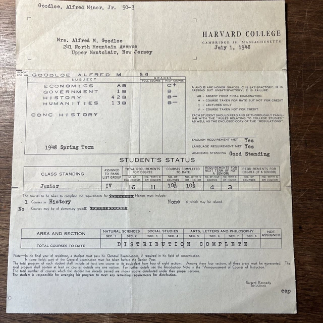 VINTAGE 1948 HARVARD University Report Card School Letterhead $10.00 ...