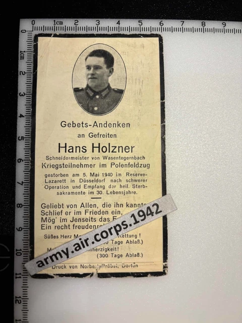 WW2 ORIGINAL GERMAN Heer Sterbebild Death Card HANS HOLZNER Hospital ...