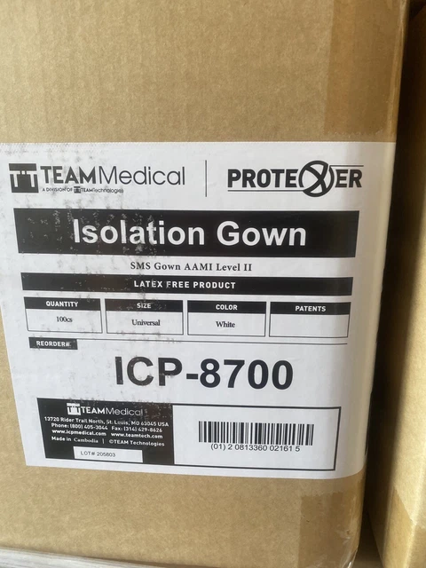 100 PCS TEAM Medical ICP-8700 Isolation Gowns Level 2 -White- Universal ...