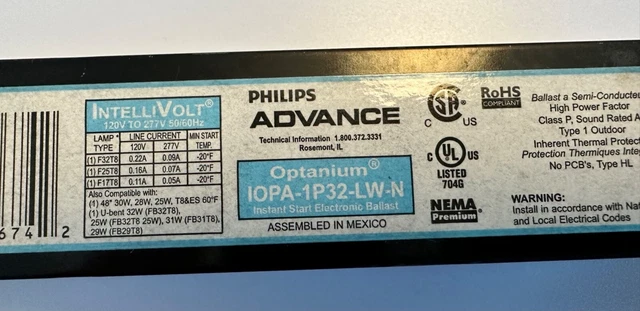 PHILIPS ADVANCE OPTANIUM Light Ballast IntelliVolt 120V 277V IOPA-1P32 ...