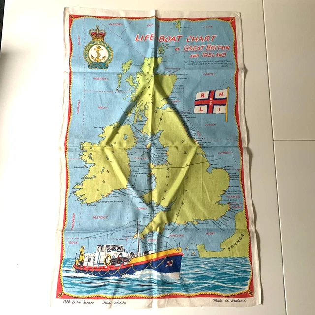 RARE VINTAGE 1970S RNLI Lifeboat Chart Map Collectable Tea Towel Made ...