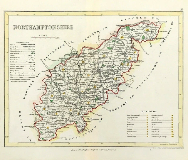 NORTHAMPTONSHIRE MAP BY Archer Towns Parks Rail & Roads with colour ...