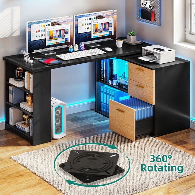 ROTATING L-SHAPED DESK with Drawers LED Corner Computer Desk with Power ...
