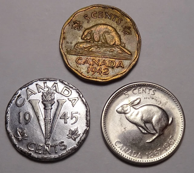 1942, 1945, 1967 Canada (5) five cents Canadian nickel Coins, 3 coin ...